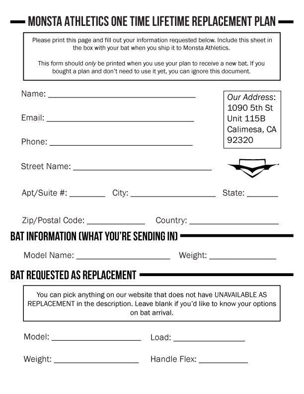 USA One Time Lifetime Bat Replacement Plan – Monsta Athletics